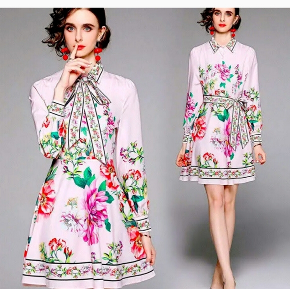 Dalia Macphee | Tops | Nwt Dalia Macphee Pink Multi Floral Mini Shirt Dress With Belt Medium ...